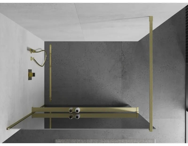 Mexen Kioto+, sprchová zástěna Walk-In s poličkou a věšákem 120 x 200 cm, 8mm sklo vzor zrcadlo, zlatý matný profil, 800-120-121-55-50