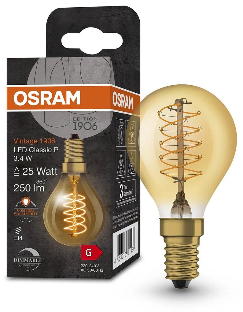 OSRAM Vintage 1906 LED kapka E14 3,4W gold dim