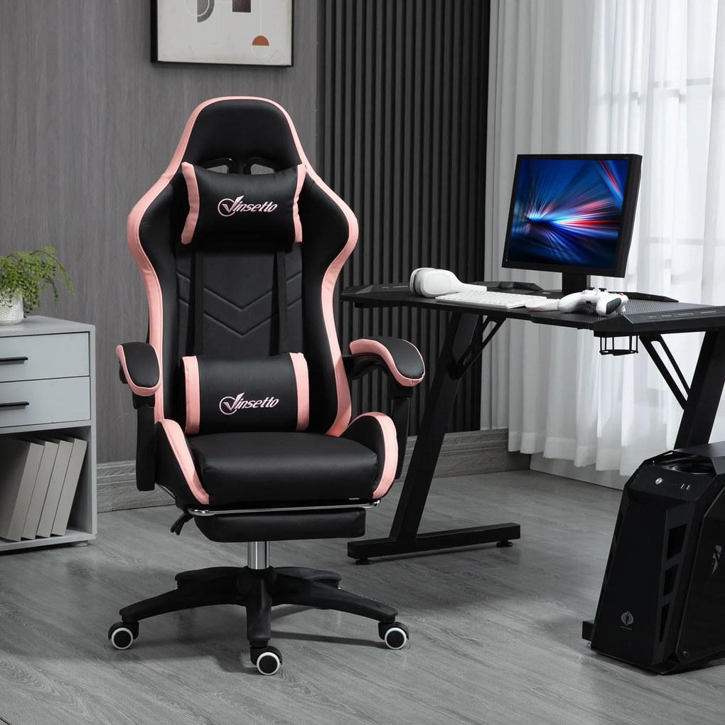 Vinsetto Herní Křeslo Racing Gamer Křeslo PU Kůže s Nastavitelnou Výškou, Polohováním 135°, Opěrkou Hlava, Bederní Oporou a Sklopným Podnožím pro Kan…