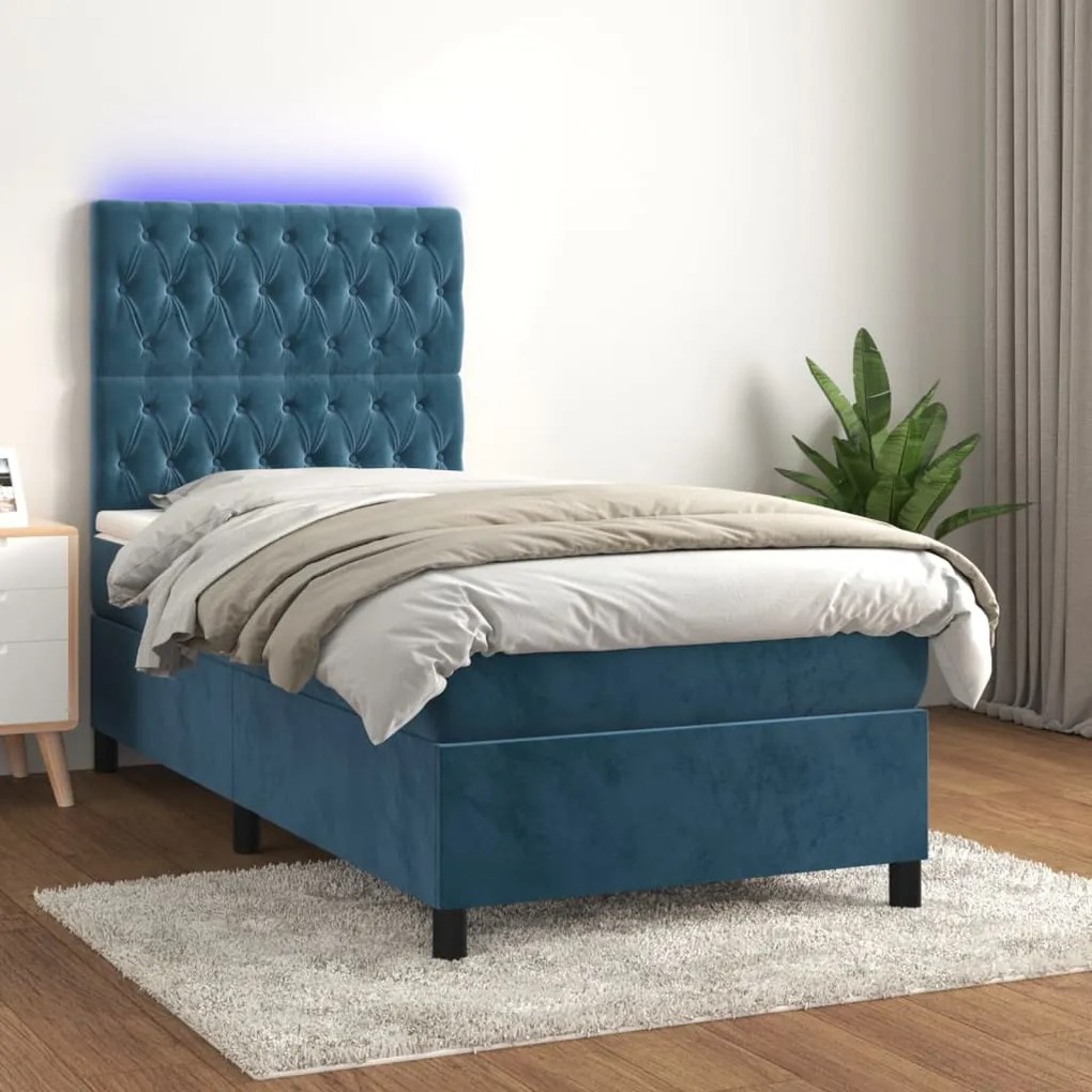 Box spring postel s matrací a LED tmavě modrá 80 x 200 cm samet 3136273