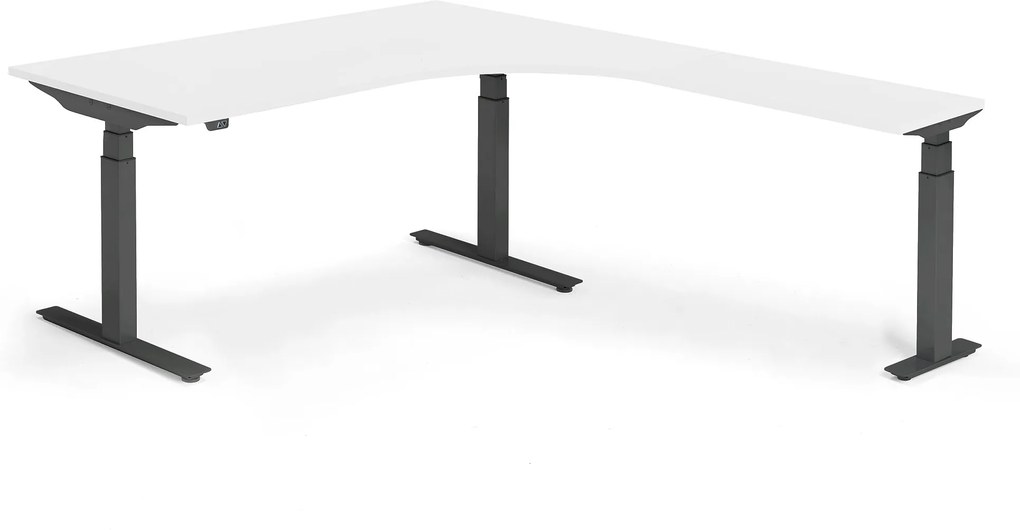 AJ Produkty Výškově stavitelný stůl Modulus, rohový, 1600x2000 mm, černý rám, bílá
