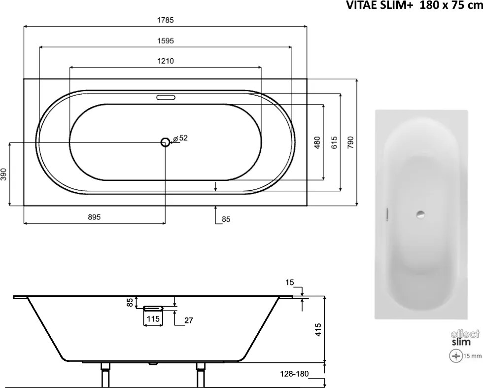 Besco Vitae Slim+ obdélníková vana akrylátová 180 x 80 cm s nožičkami sifon zlatá barva bílá VANVIT18SLIMPLZ+OLVPINOZSTELWD