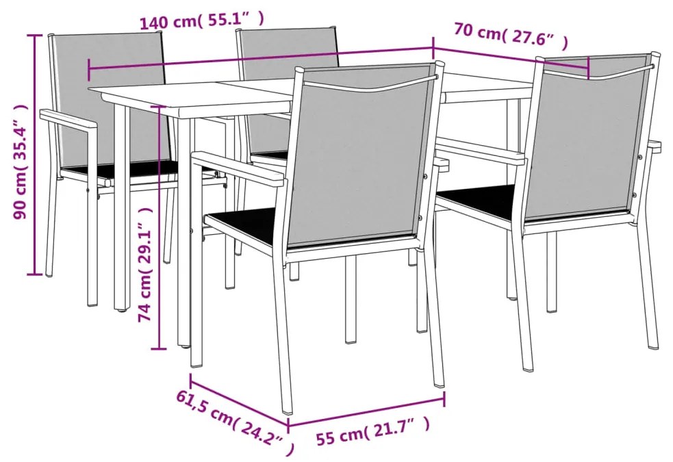 5dílný zahradní jídelní set černý textilen a ocel,  3187043