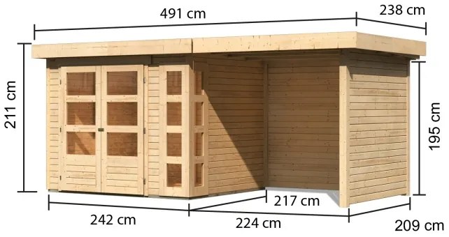 Dřevěný zahradní domek KERKO 3 s přístavkem 240 Lanitplast Přírodní dřevo