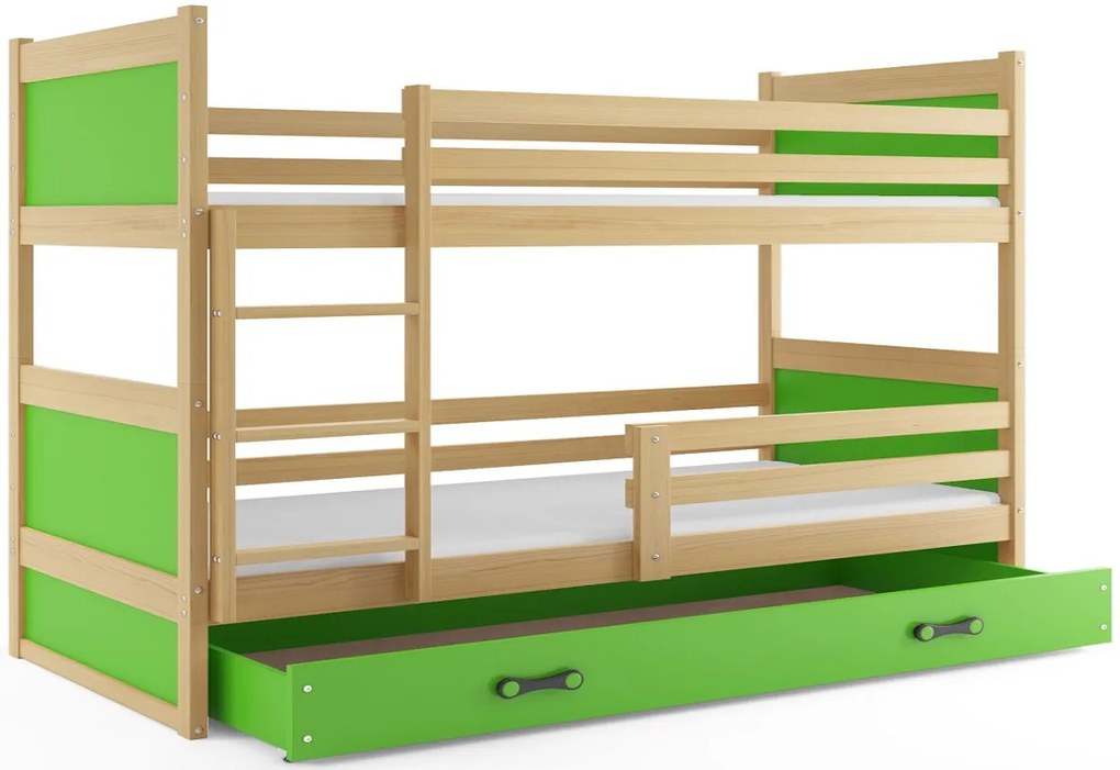 Expedo Patrová postel FIONA 2 COLOR + úložný prostor + matrace + rošt ZDARMA, 90x200 cm, borovice, zelená