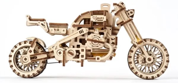 Ugears - 3D dřevěné mechanické puzzle Motorka scrambler s vozíkem