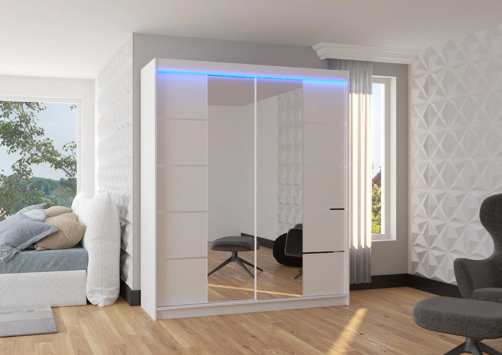 ADRK Furniture Posuvná skříň se zrcadlem a LED osvětlením TRAVES 180 SW-TRA-W-180+L-V346