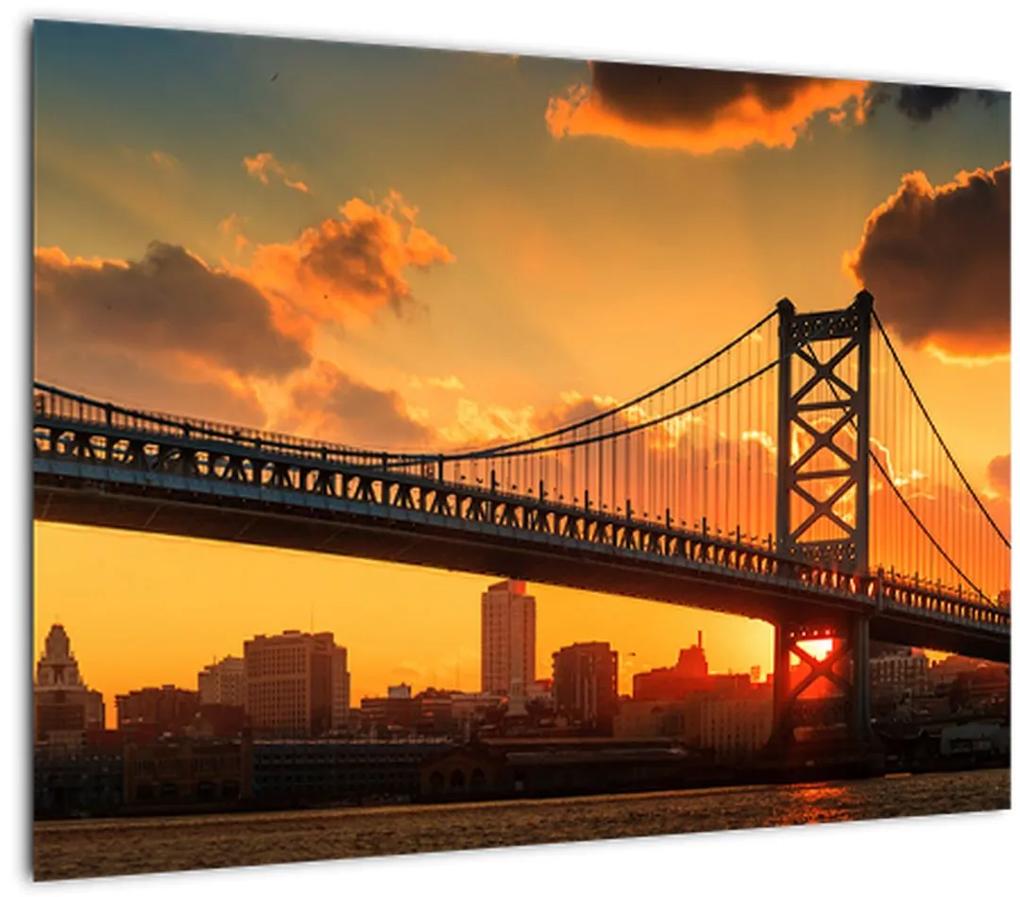 Obraz - Západ slunce nad mostem Bena Franklina, Filadelfie (70x50 cm)