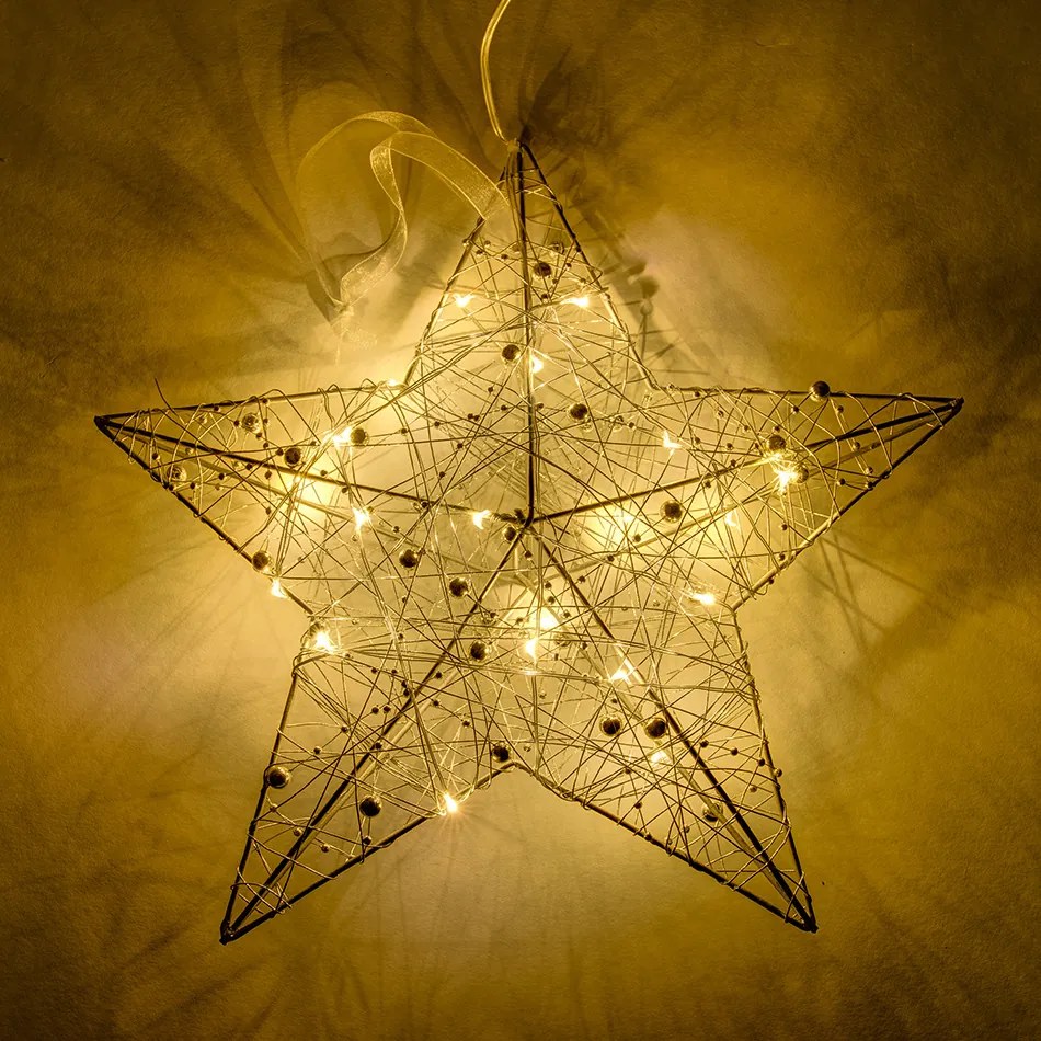 3D LED vánoční hvězda na baterie, 30 × 30 × 8 cm, kovová s drátem, 20 diod, AA