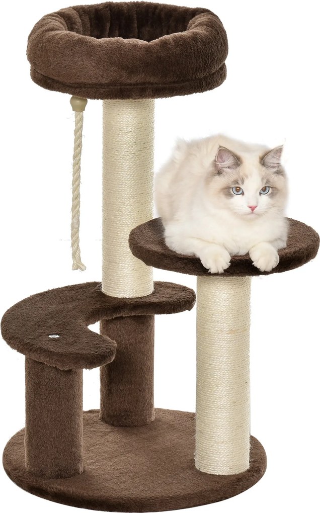 PawHut 3-úrovňový škrabací sloupek pro kočky s platformami, postelí a sisalovými sloupy, kočičí věž s plyšovým potahem, Ø40x65 cm, hnědá | Aosom