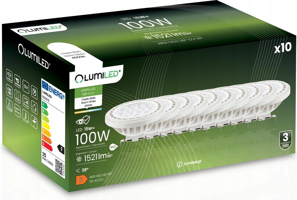 10x Led žárovka G53 AR111 15W 100W 1521lm 4000K Neutrální 38° 12V Lumiled