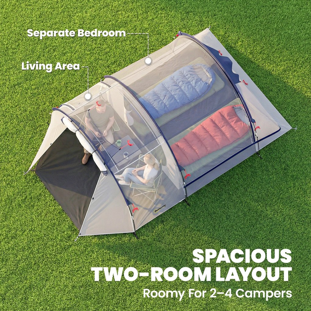 Outsunny tunelový stan pro 4 osoby — oddělené obytné a spací zóny, 3000 mm voděodolnost, přepravní taška — námořnická modrá/krémová