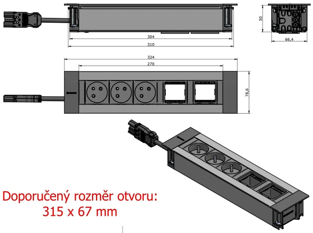 IBConnect Vestavná zásuvka INTRO bílá - různé konfigurace Konfigurace elektrozásuvky: 3x230 + USB nab. A+C + 2x Modul