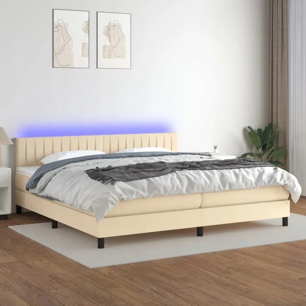 Box Spring Postel S Matrací A Led Textil Krémová Svislé pruhy 200 x 200 c