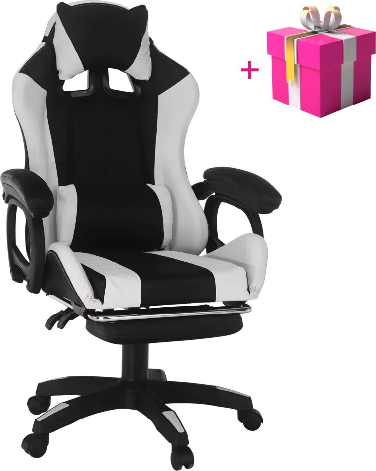 Kancelářské/herní křeslo s RGB LED podsvícením, černá/bílá, JOVELA