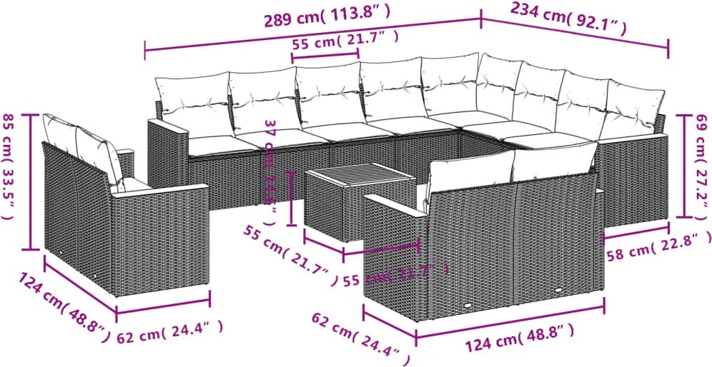 13dílná zahradní sedací souprava s poduškami šedá polyratan 3258924