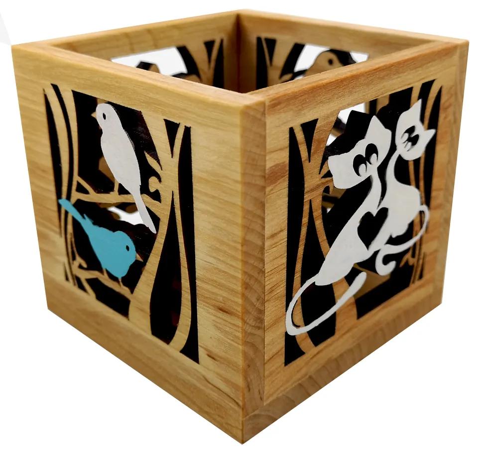 AMADEA Dřevěný svícen krychle s motivem ptáčků a koček, barevný, masivní dřevo, 10x10x10 cm