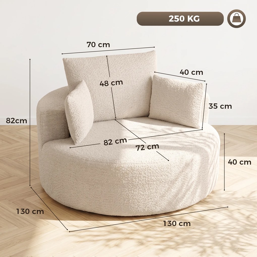 HOMCOM kulatý chenilkový sedací puf, velká sedací plocha, 2 polštáře, 1 opěrný polštář, 1 polštář na krk, nosnost 250 kg, 130x130x82 cm, krémová