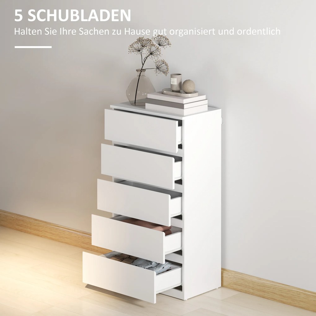 HOMCOM Komoda s 5 Zásuvkami, Moderní Skříň na Oblečení pro Obývací Pokoj, Ložnici a Chodbu, Bílá, 55 x 34 x 100 cm