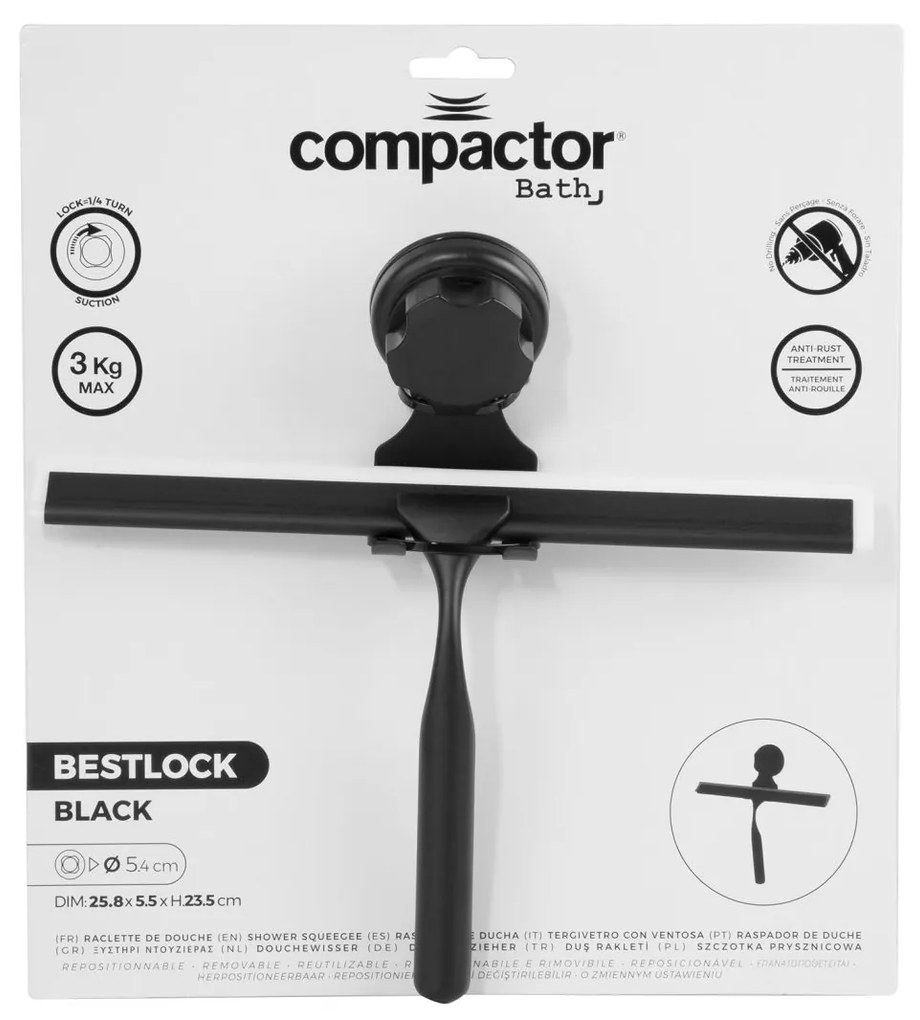 Držák s koupelnovou stěrkou Compactor Bestlock Black s přísavkou - bez vrtání