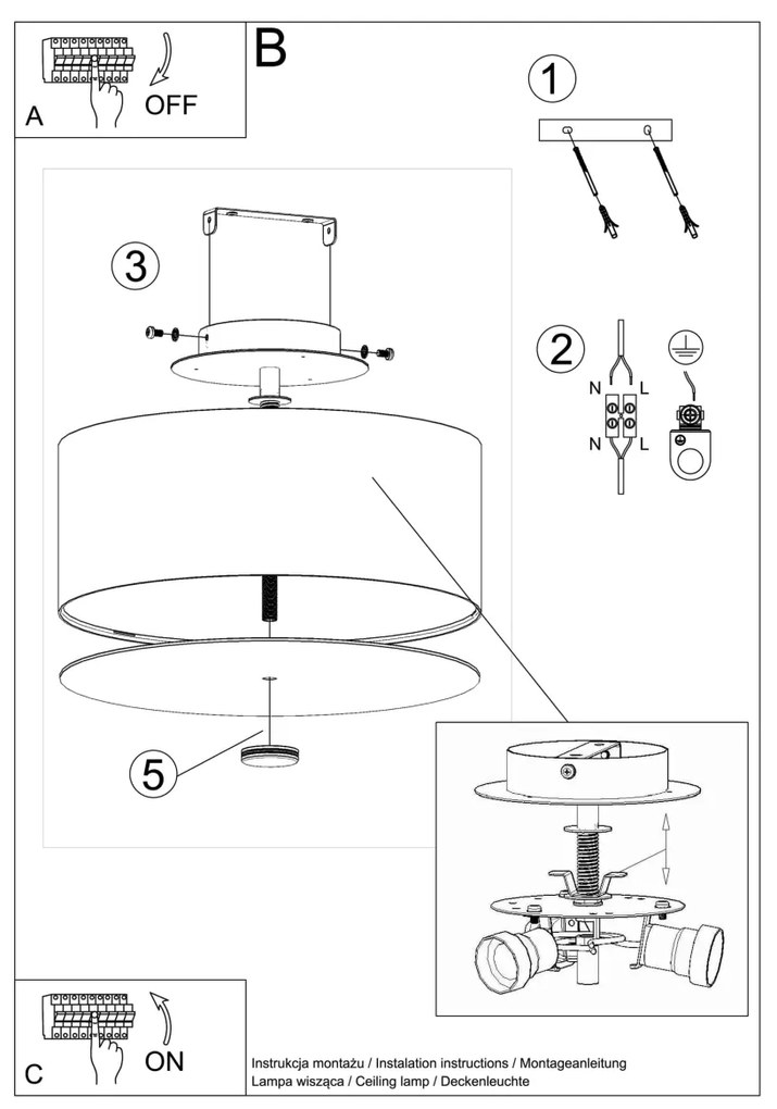 Stropní svítidlo Skala, 1x černé textilní stínítko, (bílé sklo), (fi 30 cm)