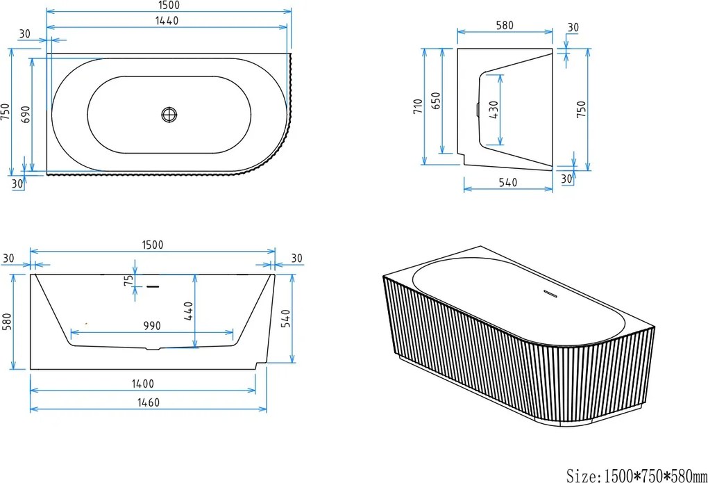Erga Marina, rohová volně stojící vana 150x75 cm + odtoková zátka, levá, bílá lesklá, ERG-MARINA-150075L-WH-WH