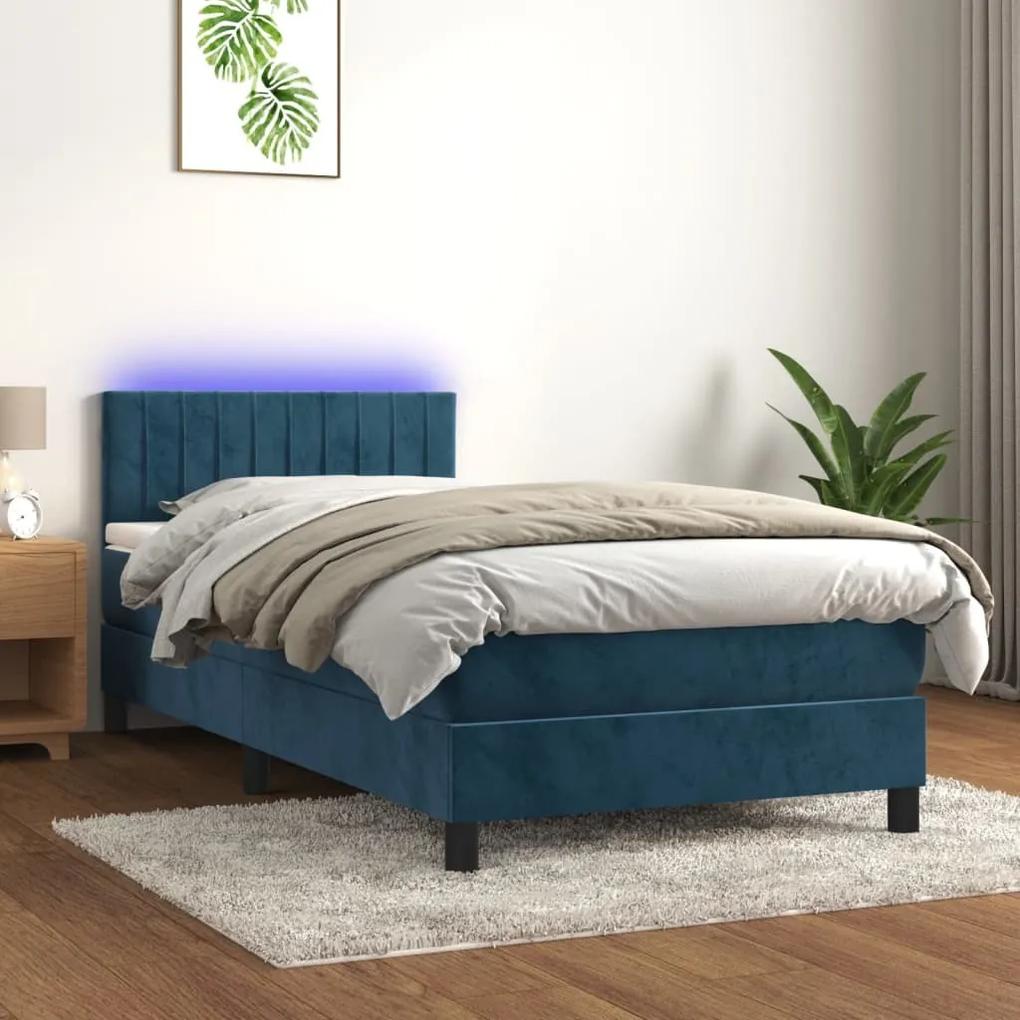 vidaXL Box spring postel s matrací a LED 90x190 cm samet [3134497] Barva: Tmavě moddrá