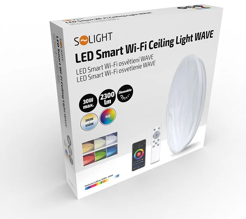 Solight LED smart stropní světlo Wave, 30W, 2300lm, wifi, RGB + CCT, dálkové ovládání