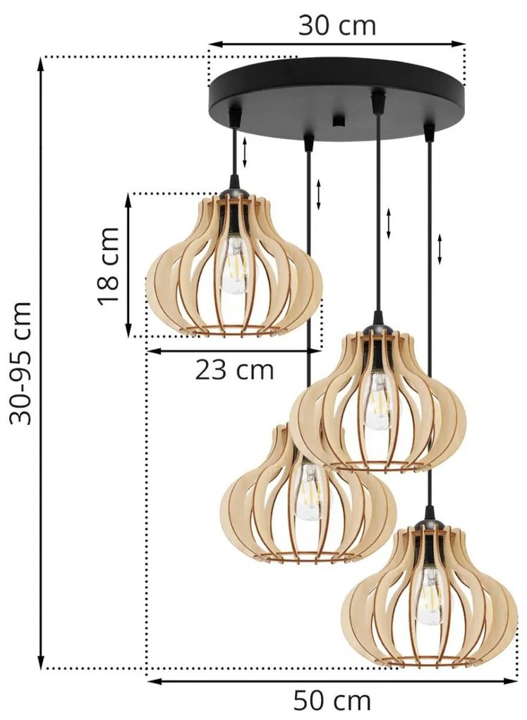 Závěsné svítidlo TIMBER 3, 4x dřevěné stínítko, O