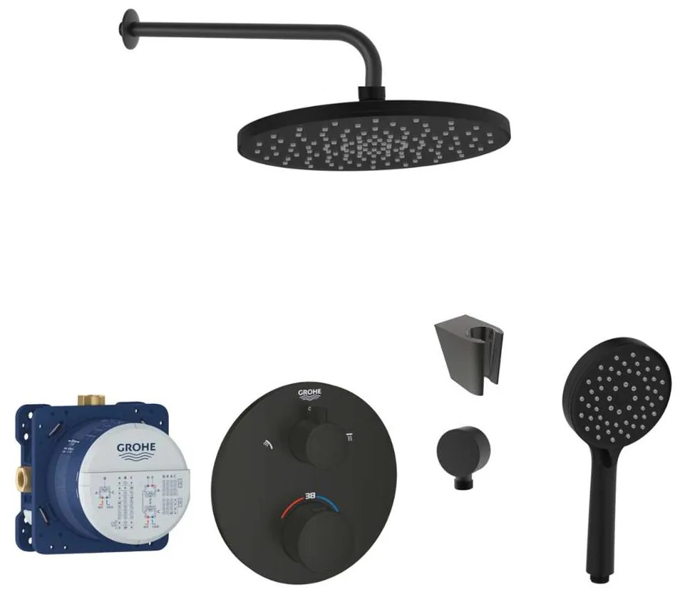 SANITINO - Sprchový set s termostatem a tělesem pod omítku Grohe, příslušenství kielle, matná černá SANI21GKK404