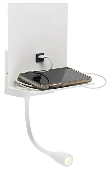 Moderní nástěnná lampa bílá s USB a flexibilním ramenem - Flero