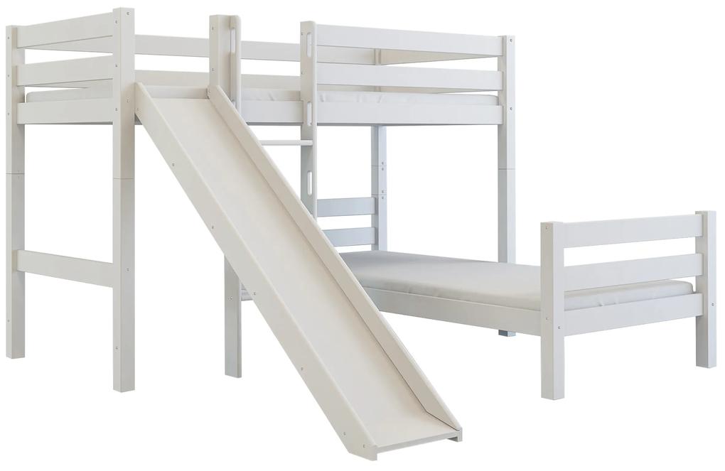 MAXMAX Dětská patrová postel do "L" se skluzavkou z MASIVU BUK - EMIL 200x90cm - bílá