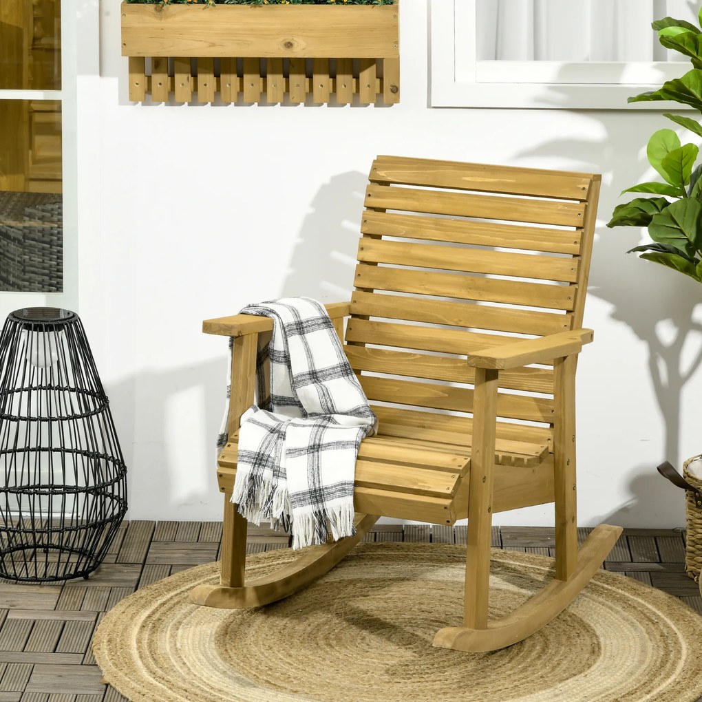 Houpací křeslo Outsunny s opěrkami, zahradní křeslo pro relaxaci na balkoně a terase, nosnost do 130 kg, borové dřevo, světle hnědé 64 x 86 x 85 cm