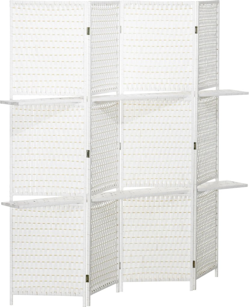HOMCOM Skládací paraván se 4 panely 181x180 cm s policemi, dekorativní oddělovací příčka do ložnice, obývacího pokoje, kuchyně - Bílá | Aosom