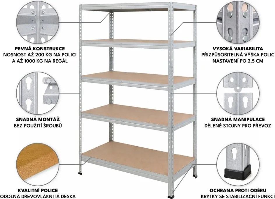 Akce 3x Regál 183x90x30 cm zinkovaný 5-policový, nosnost 100 kg, RIVET