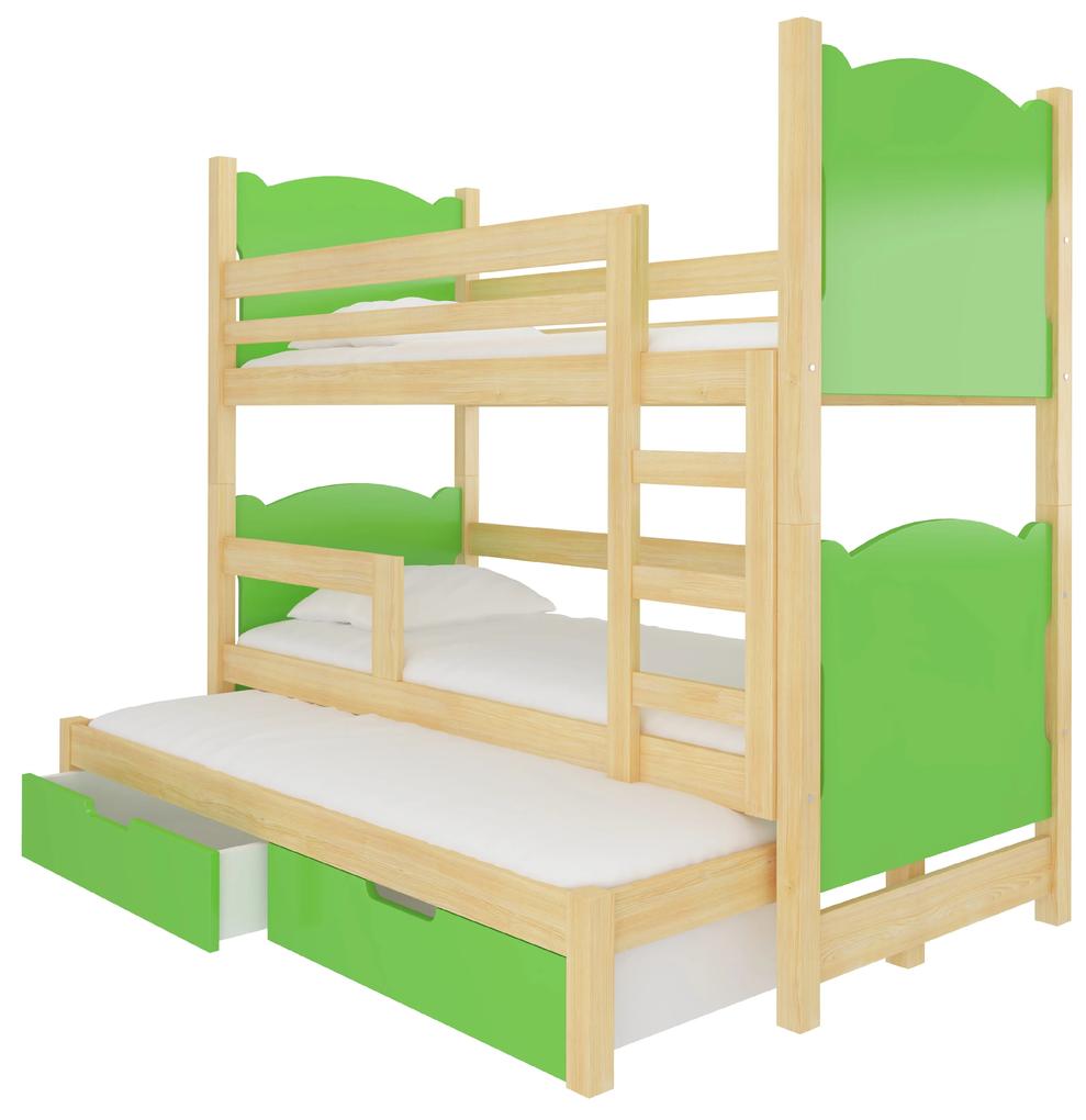 Patrová postel pro tři osoby s matracemi LETICIA Hlavní barva: Bílá, Další barva: Zelená
