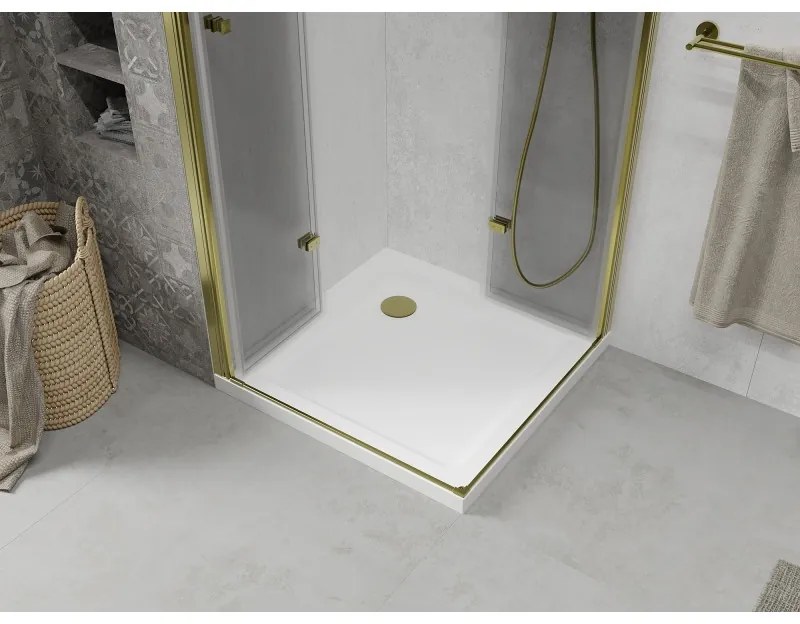 Mexen Lima Duo skládací sprchový kout 90 x 90 cm, Průhledné, Zlatá + sprchová vanička Flat - 856-090-090-50-02-4010G