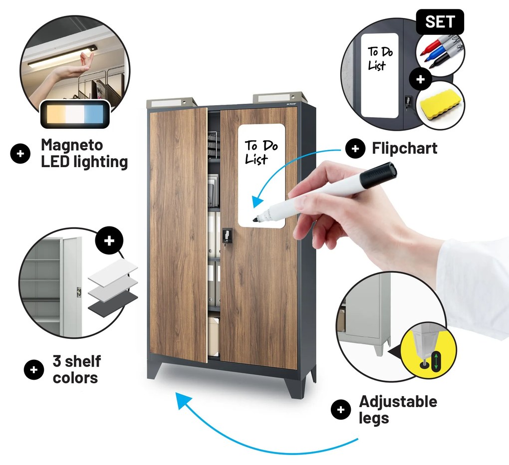 Kancelářská kovová skříň na dokumenty JAN II, Eco Design: antracit/ořech