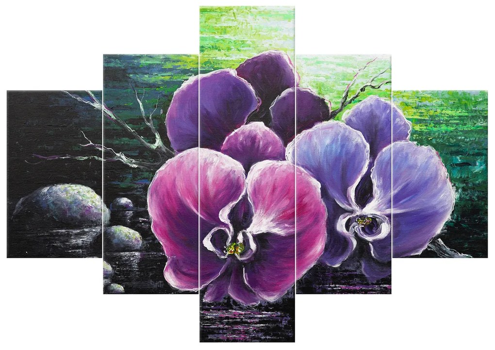 Gario Ručně malovaný obraz Orchidea u potoka - 5 dílný Rozměry: 150 x 70 cm