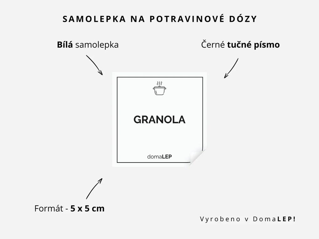GRANOLA - omyvatelná samolepka na dózu, výběr rozměrů Ø 5 cm / 5 x 5 cm / 6 x 8 cm | DomaLEP tvar: ČTVEREC, barva: BÍLÁ - ČERNÉ písmo, velikost: š. 5 cm x v. 5 cm - tučné písmo