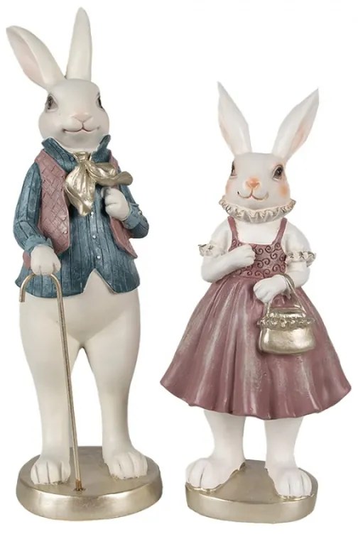 Figurka bílého králíčka v růžové vestičce, modré košilce a se zlatou hůlkou – 32 cm