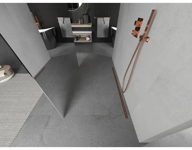 Mexen Kioto, průchozí sprchová zástěna 100 x 200 cm, 8mm sklo vzor zrcadlo, 2x růžové zlato stabilizační rozpěra, 800-100-002-60-50