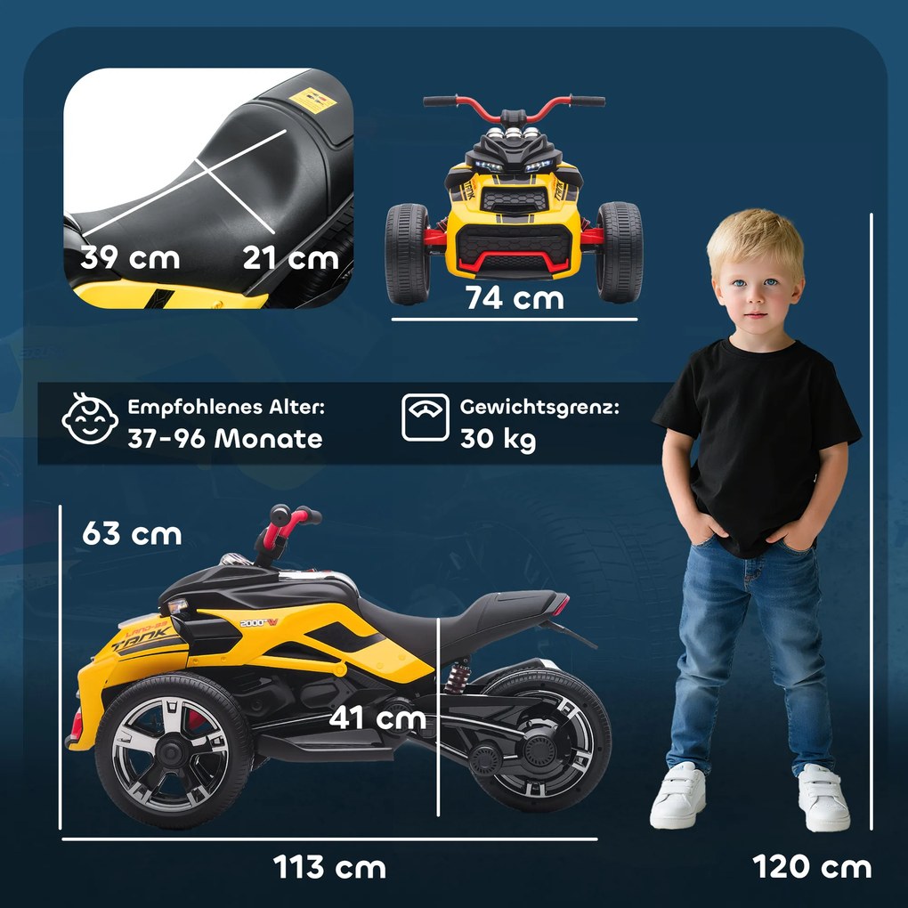Qaba Elektrické dětské vozidlo, design tříkolky s reverzem, bateriové, MP3 přehrávač, klakson, 2 rychlosti, LED světla, 3-8 let, Žlutá