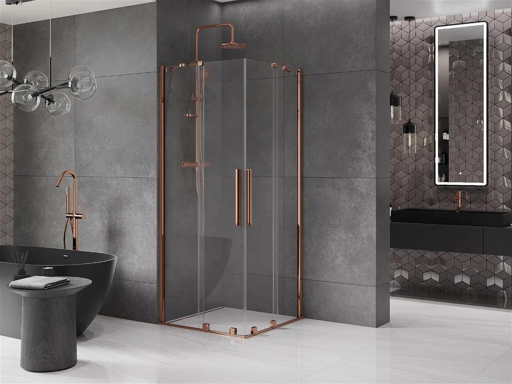 Mexen Velar Duo, sprchový kout s posuvnými dveřmi 100(dveře) x 100(dveře) cm, 8mm čiré sklo, růžové zlato profil, 871-100-100-02-60