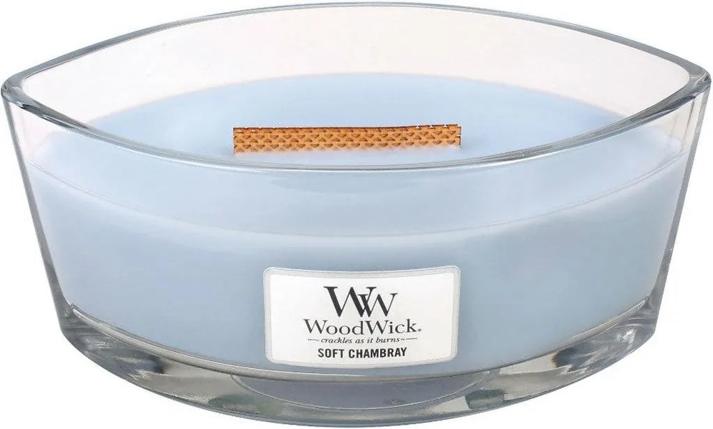 WoodWick Vonná svíčka WoodWick - Soft Chambray 454 g, modrá barva, sklo, dřevo, vosk