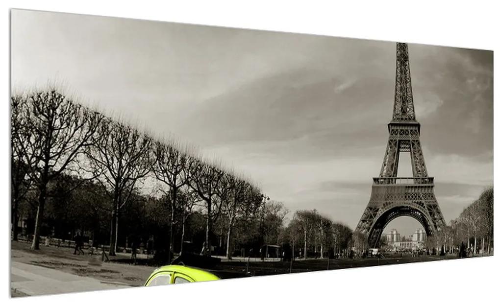 Obraz Eiffelovy věže a žlutého auta (100x40 cm)