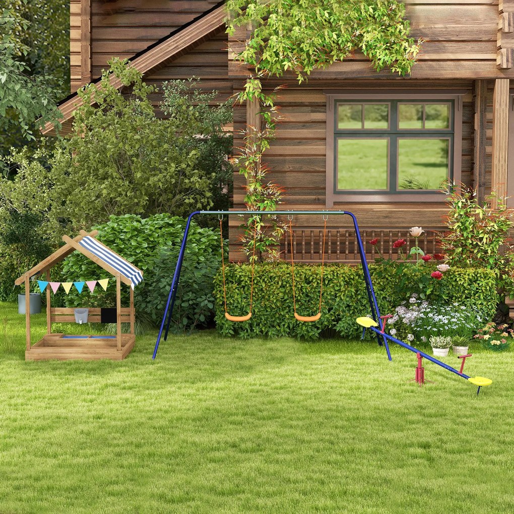 Outsunny Pískoviště s ochranou proti slunečnímu záření, design domečku na hraní, se sadou hraček, opracované masivní dřevo, 124 x 116 x 146 cm, hnědá…
