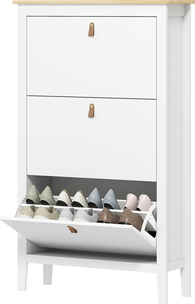 HOMCOM Úzká skříň na boty s botníkem do předsíně, 3 skládací zásuvky, nastavitelné police a PU úchyty pro 21 párů bot, 80x24x131 cm, Bílá | Aosom