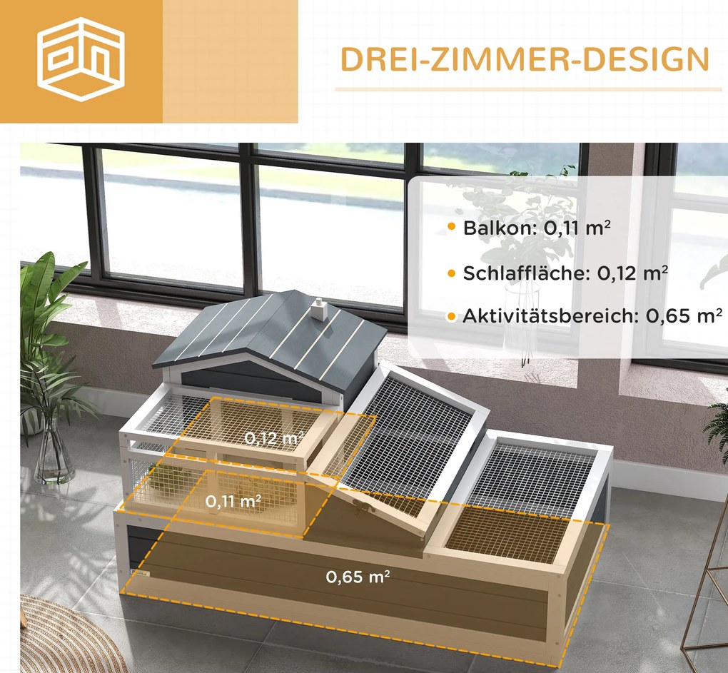 PawHut Školní domeček pro ropuchy, 2 podlaží, pro vnitřní i venkovní použití, balkon, jedlové dřevo, šedá barva