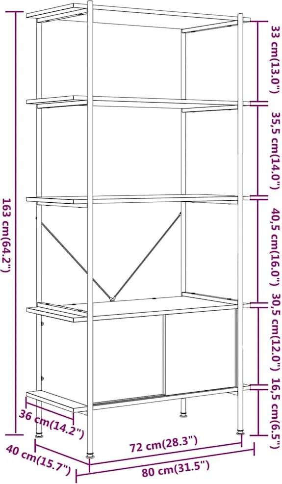 5patrový policový regál se skříňkou 80x40x163cm ocel a kompozit 336355